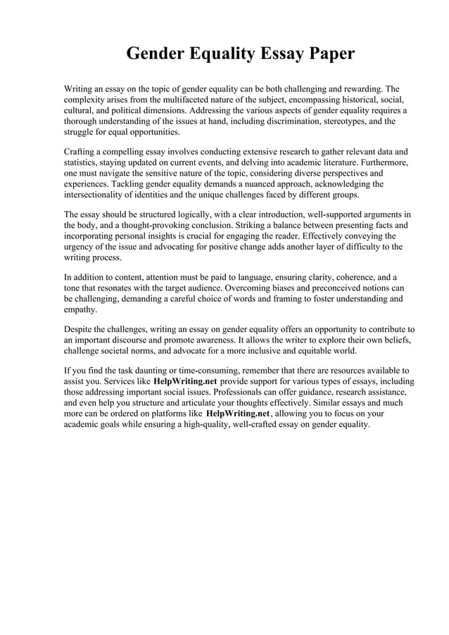 Gender Equality Essay Paper. Mississippi Valley State University | PDF