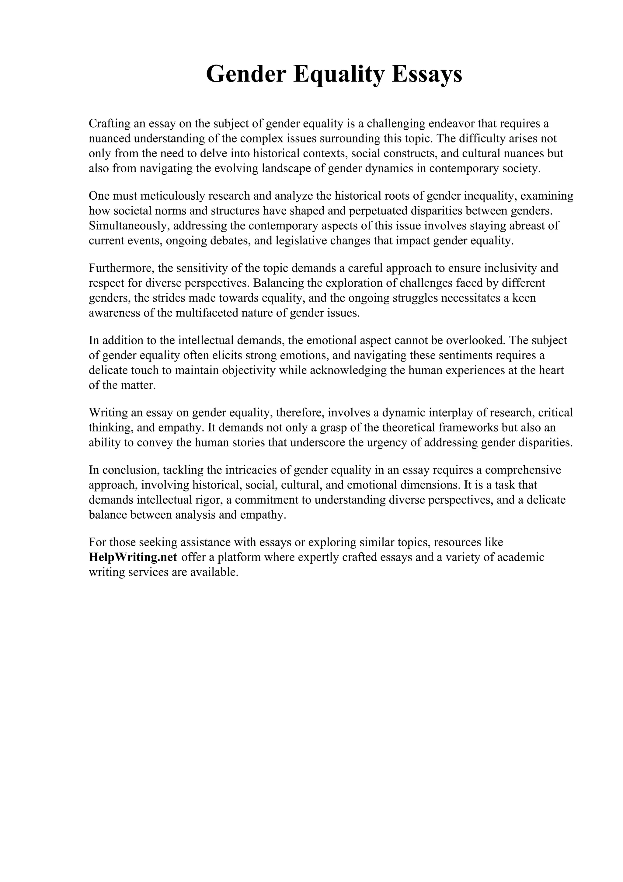 Gender Equality Essays. Bolivar Technical College | PDF