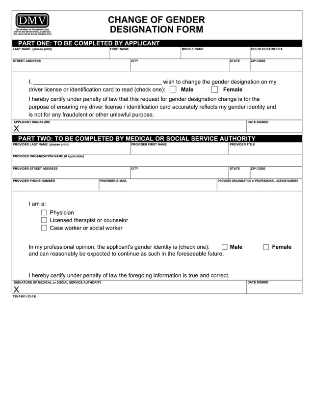 Oregon DMV Change of Gender Form | PDF