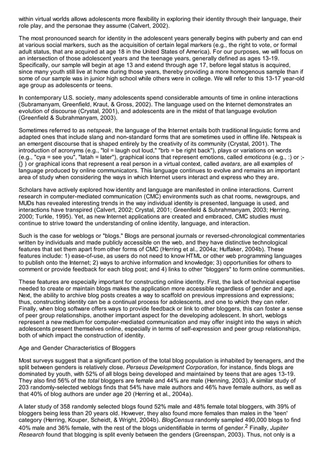 Gender identity and language use in teenage blogs