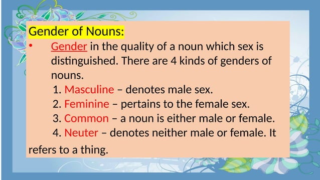 Gender of Nouns - Masculine, Feminine, Common, and Neuter | PPTX