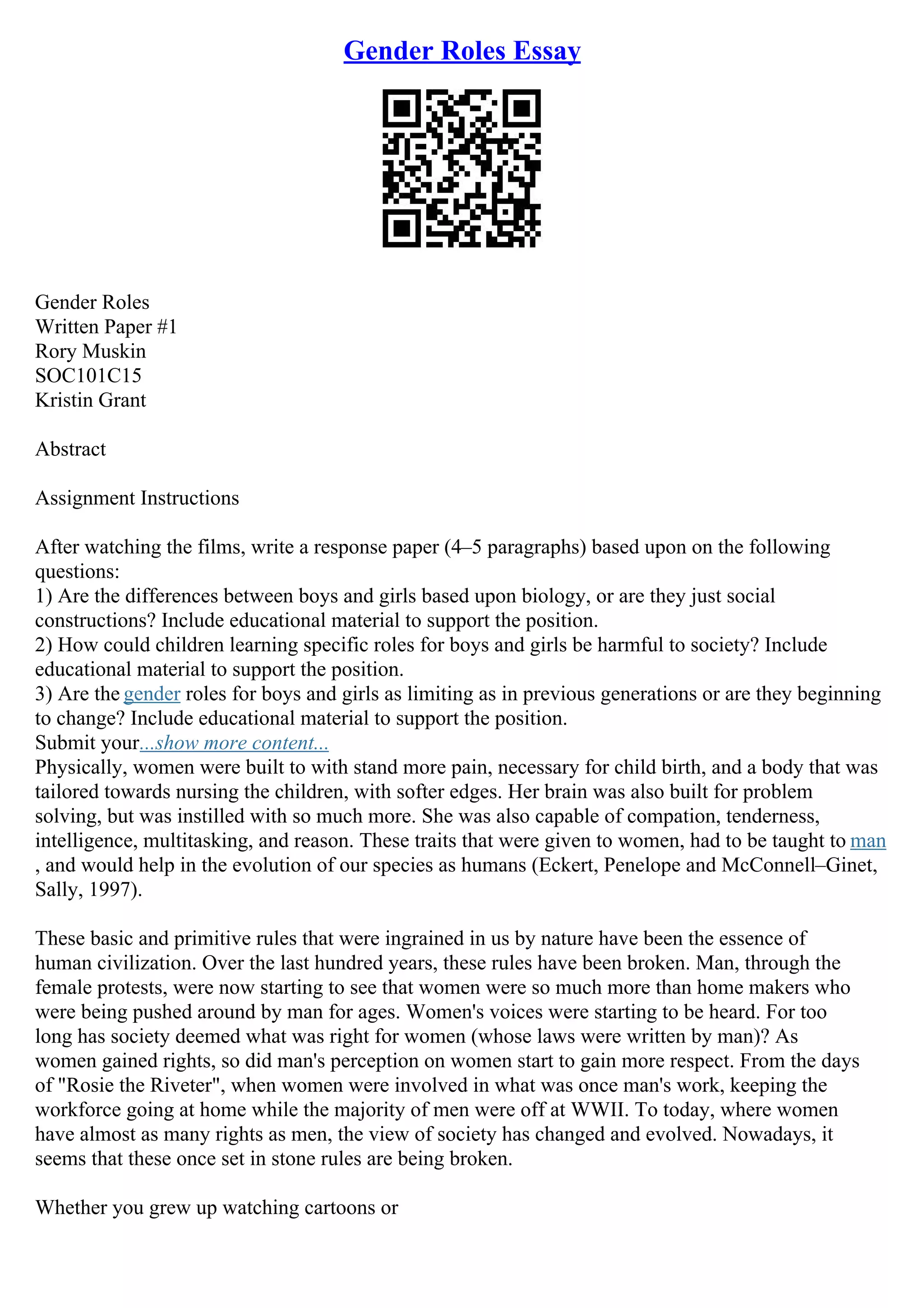 Gender Role Essay | PDF