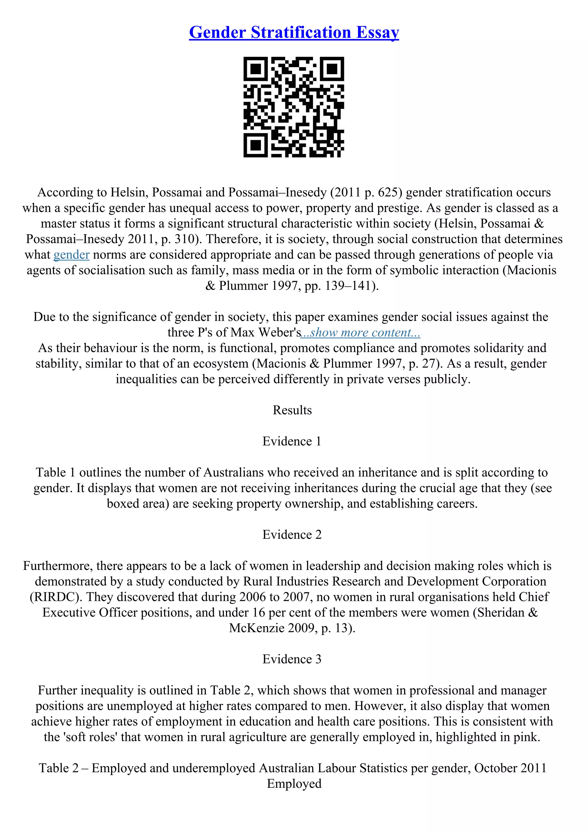 Gender Stratification Essay | PDF