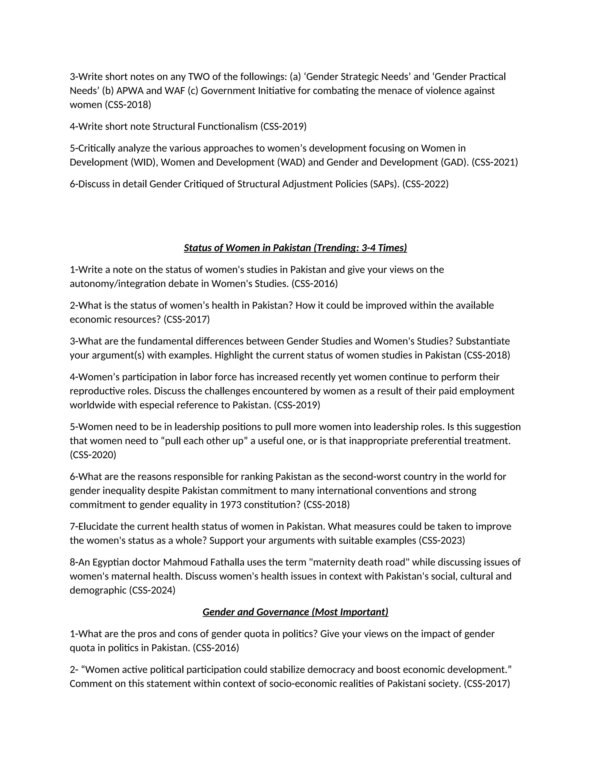 CSS Gender Studies Past Paper Analysis (Topic-Wise) 2016-2024.docx