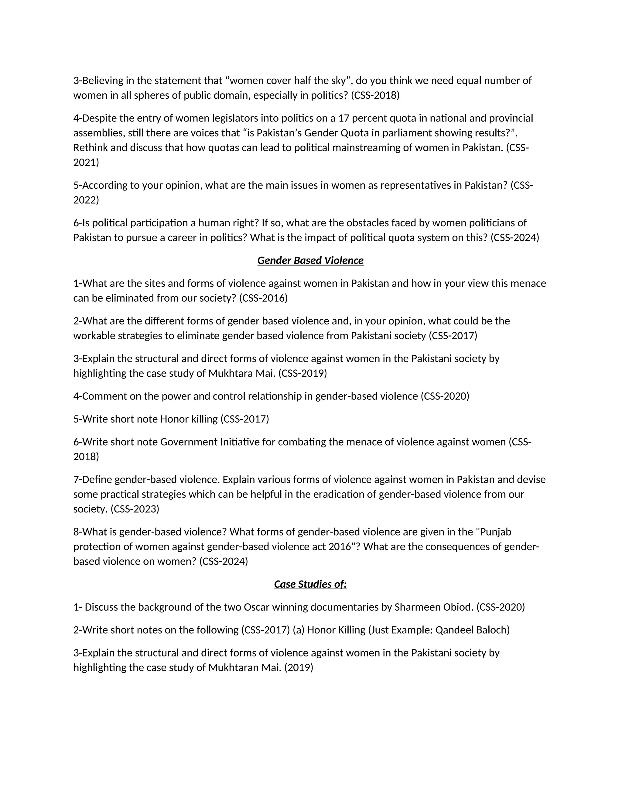 CSS Gender Studies Past Paper Analysis (Topic-Wise) 2016-2024.docx