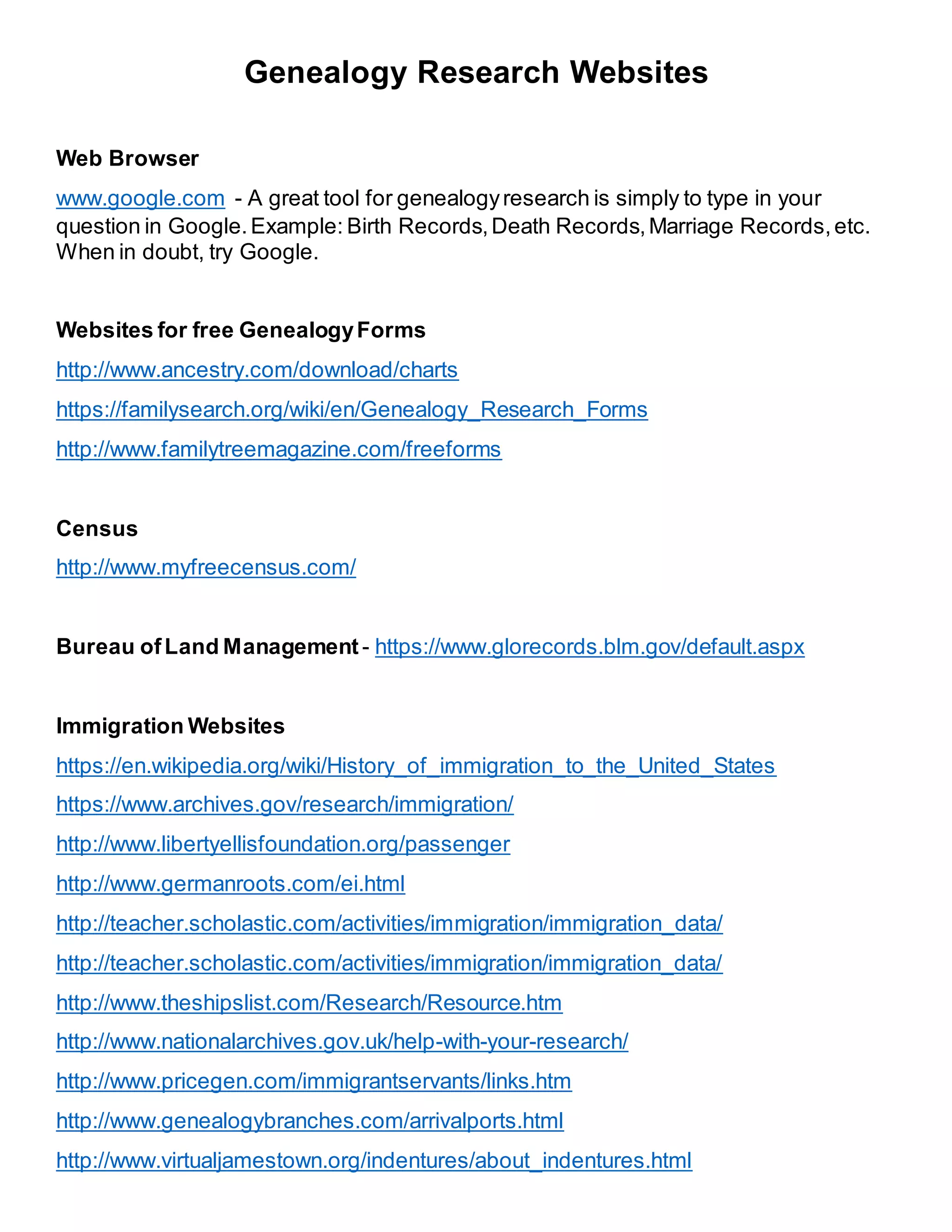 Genealogy Research Websites | DOCX