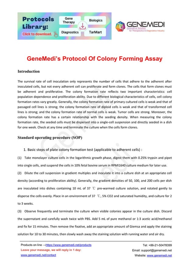 GeneMedi's Protocol Of Colony Forming Assay | PDF