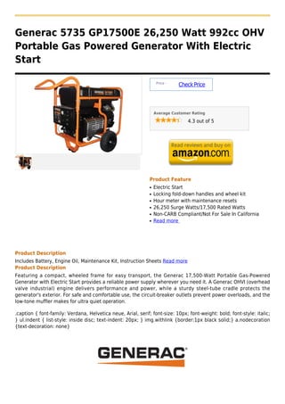 Generac 5735 gp17500 e 26,250 watt 992cc ohv portable gas powered ...