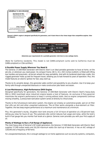 Generac 5735 gp17500 e 26,250 watt 992cc ohv portable gas powered ...