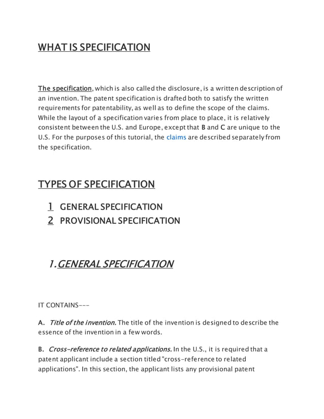 General And Provisional Specifications Of Patents | PDF