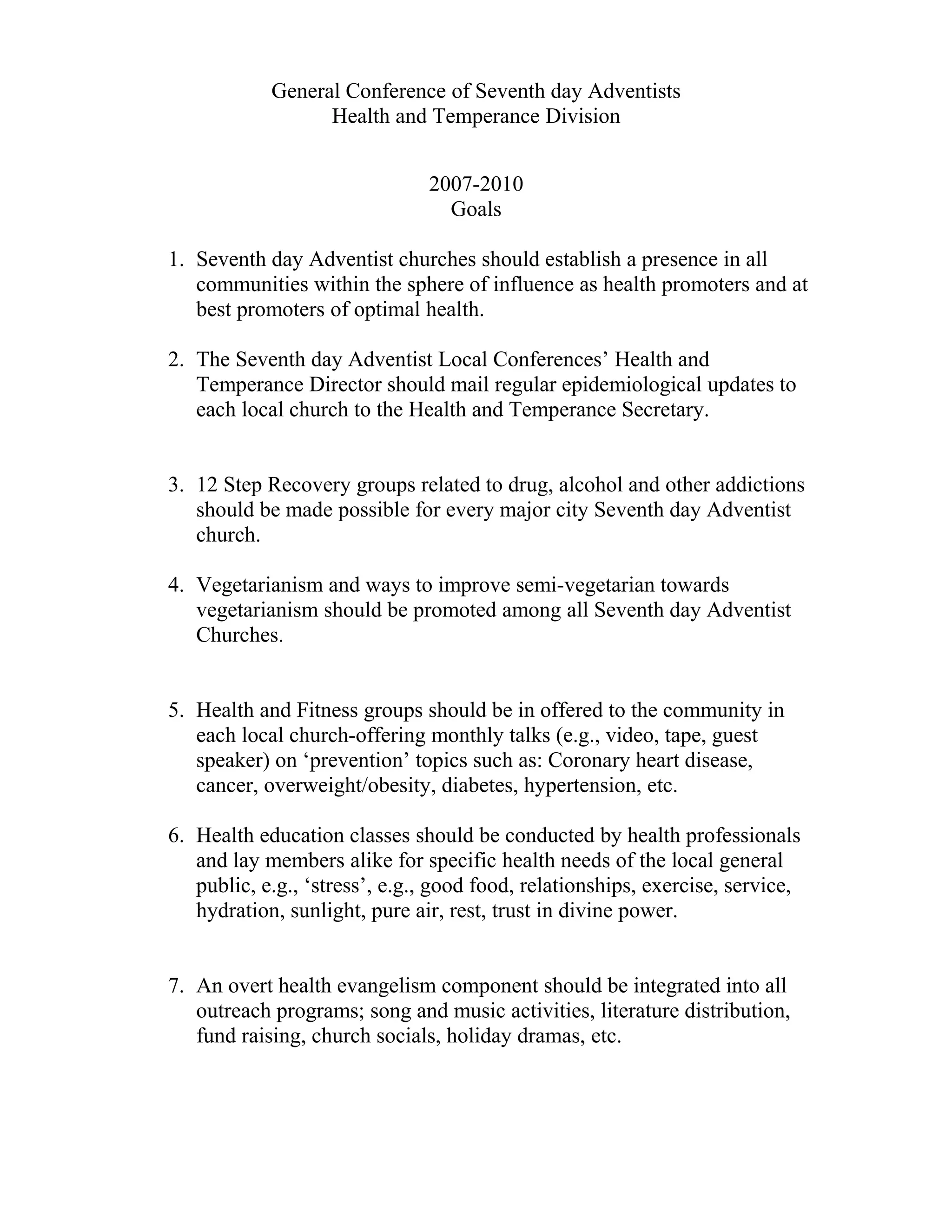 General Conference Of Seventh Day Adventists Goals | DOC
