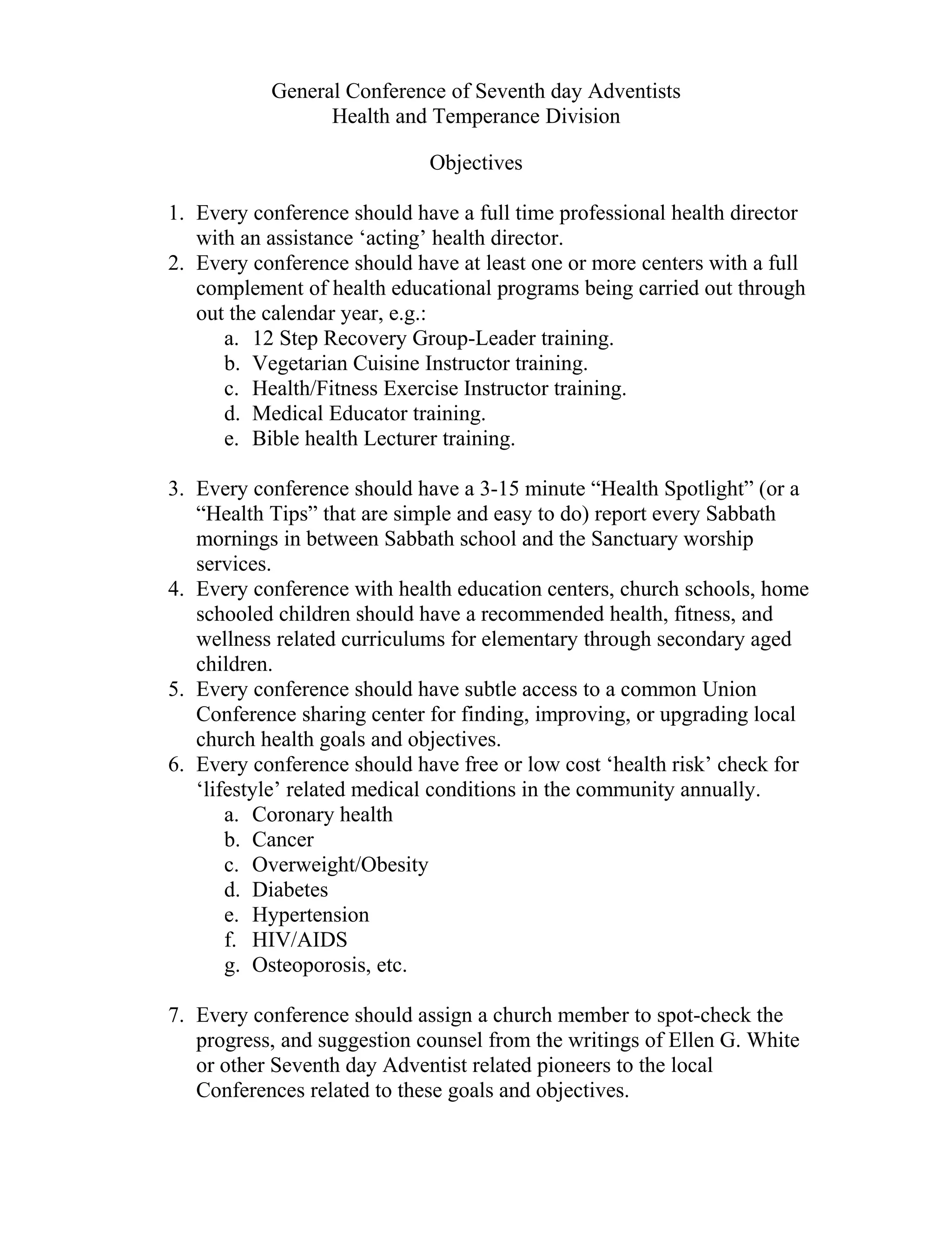 General Conference Of Seventh Day Adventists Goals | DOC