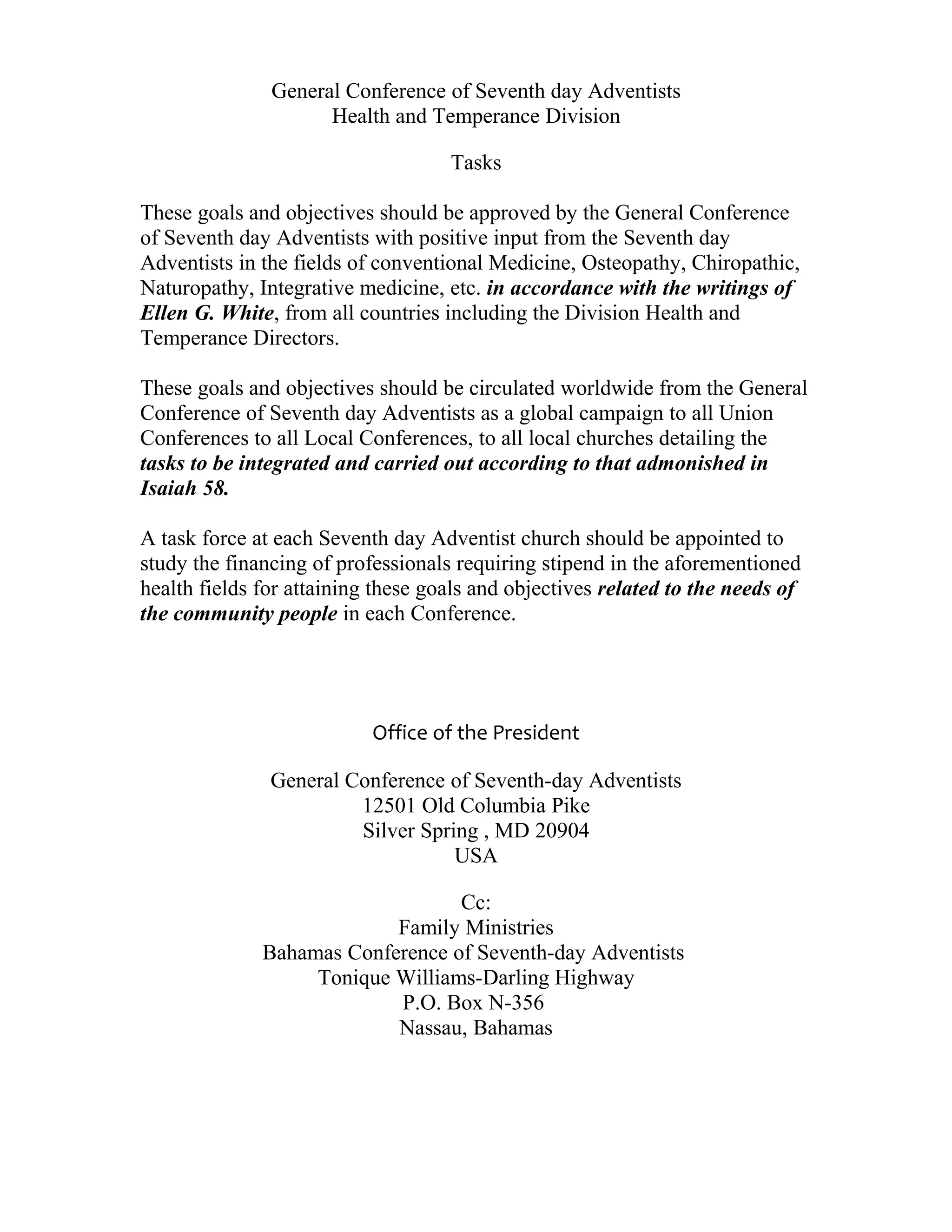 General Conference Of Seventh Day Adventists Goals | DOC