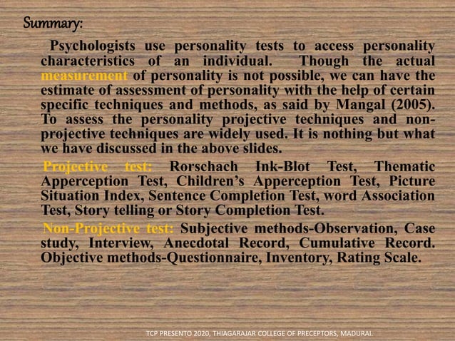 ASSESSMENT OF PERSONALITY PROJECTIVE AND NON-PROJECTIVE TECHNIQUES | PPTX