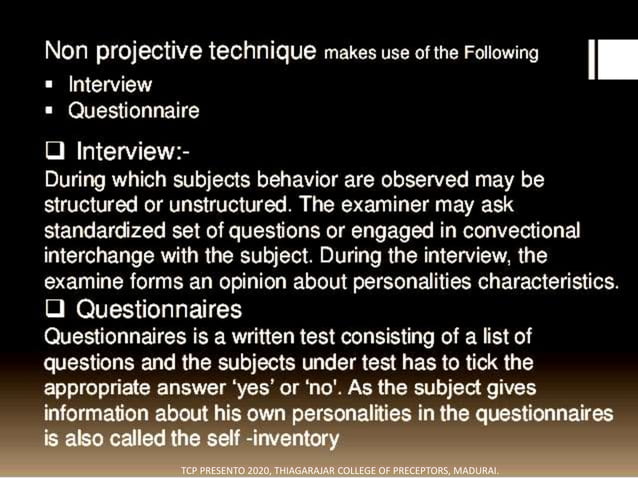 ASSESSMENT OF PERSONALITY PROJECTIVE AND NON-PROJECTIVE TECHNIQUES | PPTX