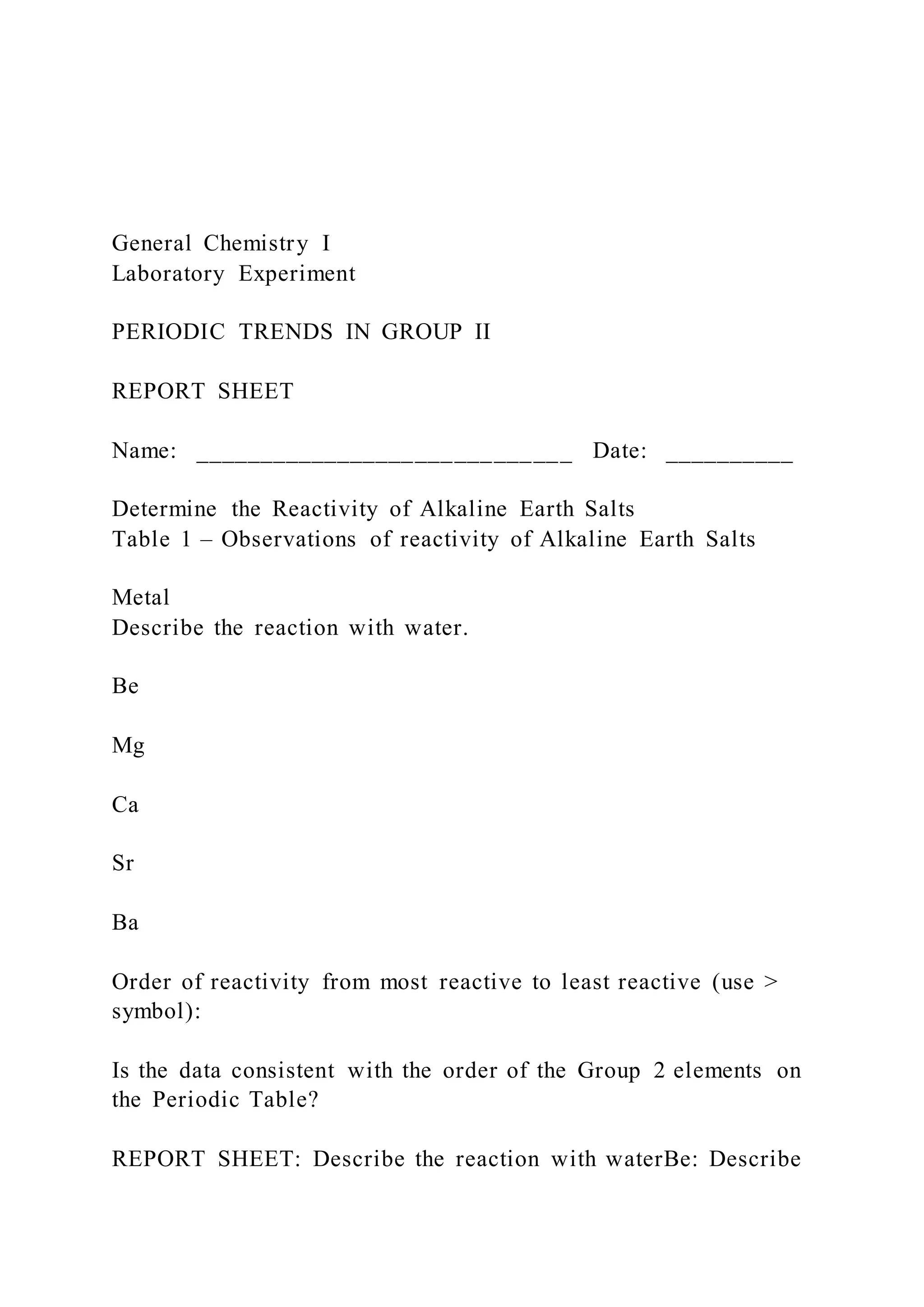 General Chemistry I Laboratory Experiment PERIODIC TREN | DOCX