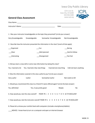 Iowa City Public Library - General Class Assessment | PDF | Internet ...