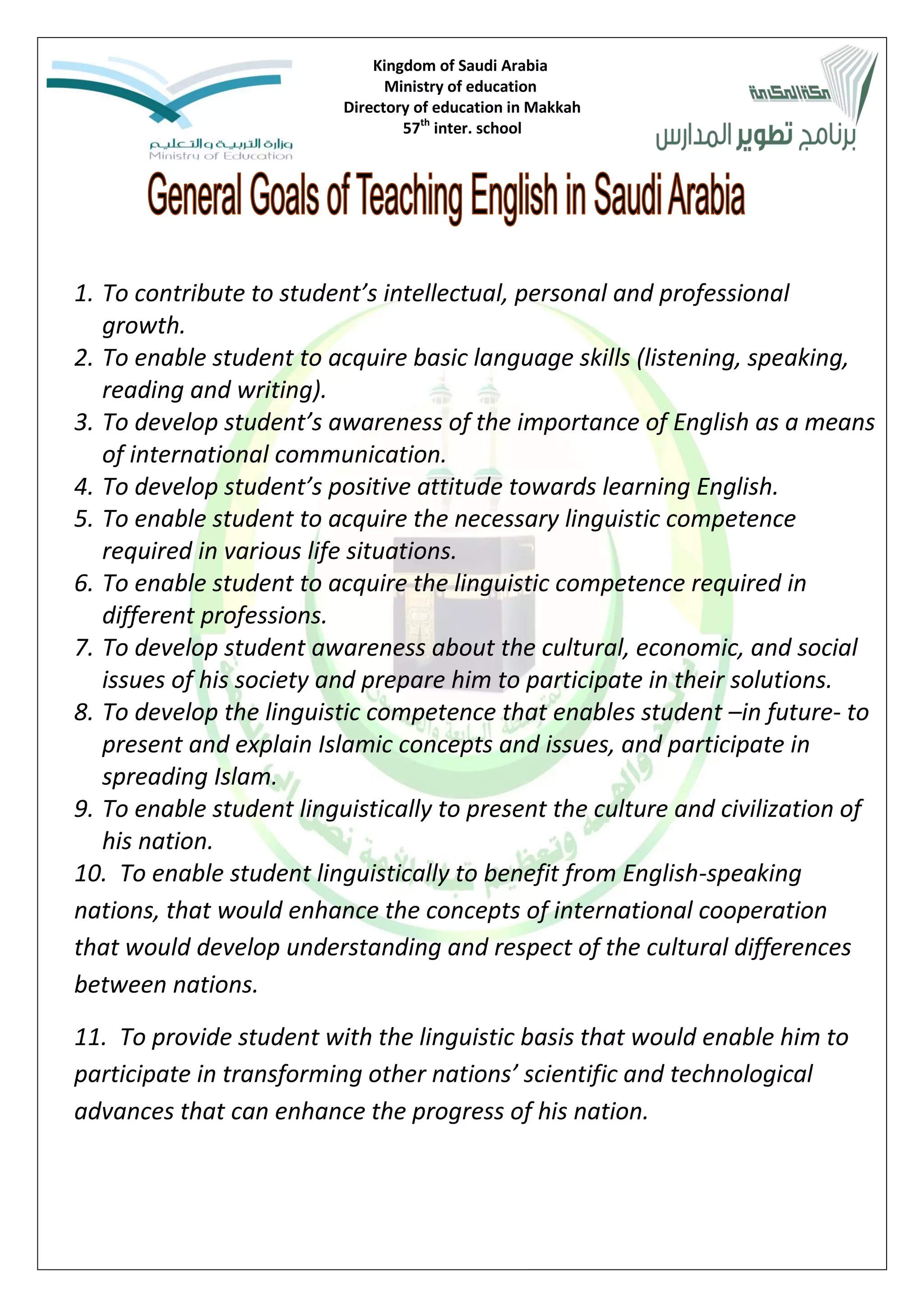 General goals for teaching english in saudi arabia pdf | PDF