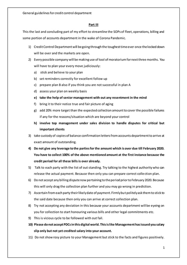 General guidelines for credit control department | PDF