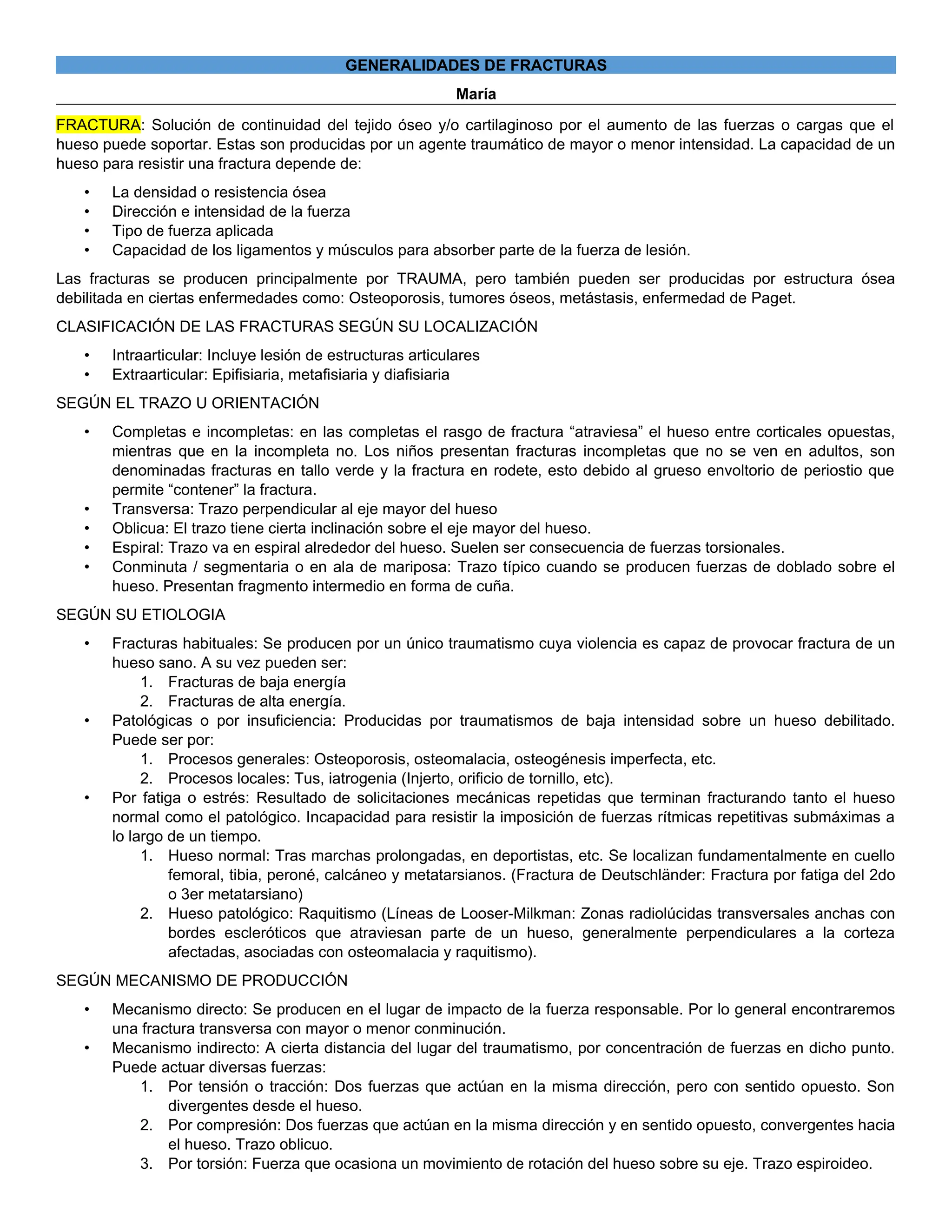 GENERALIDADES DE FRACTURAS medicina traumatologia | DOCX