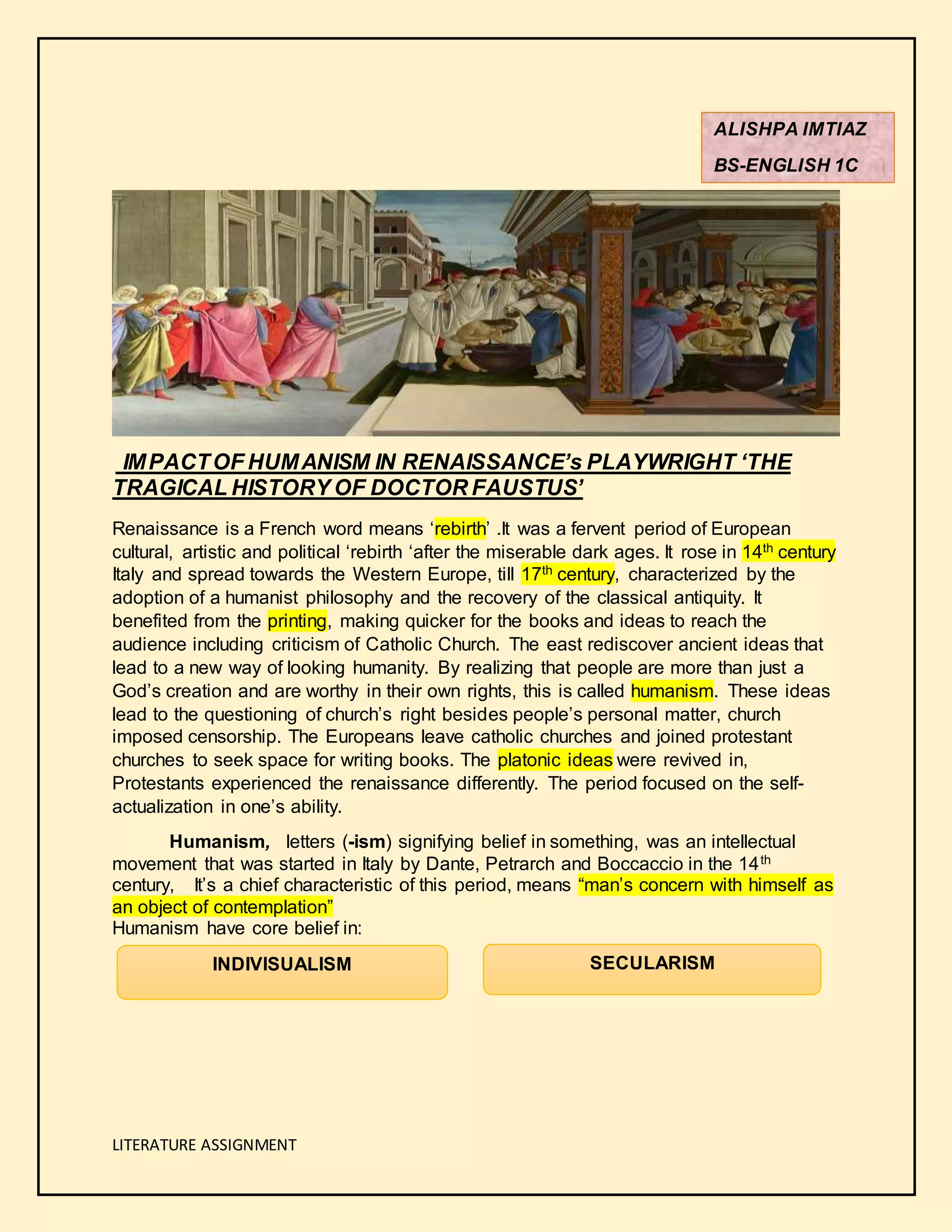 General impact of humanism in renaissance | DOCX