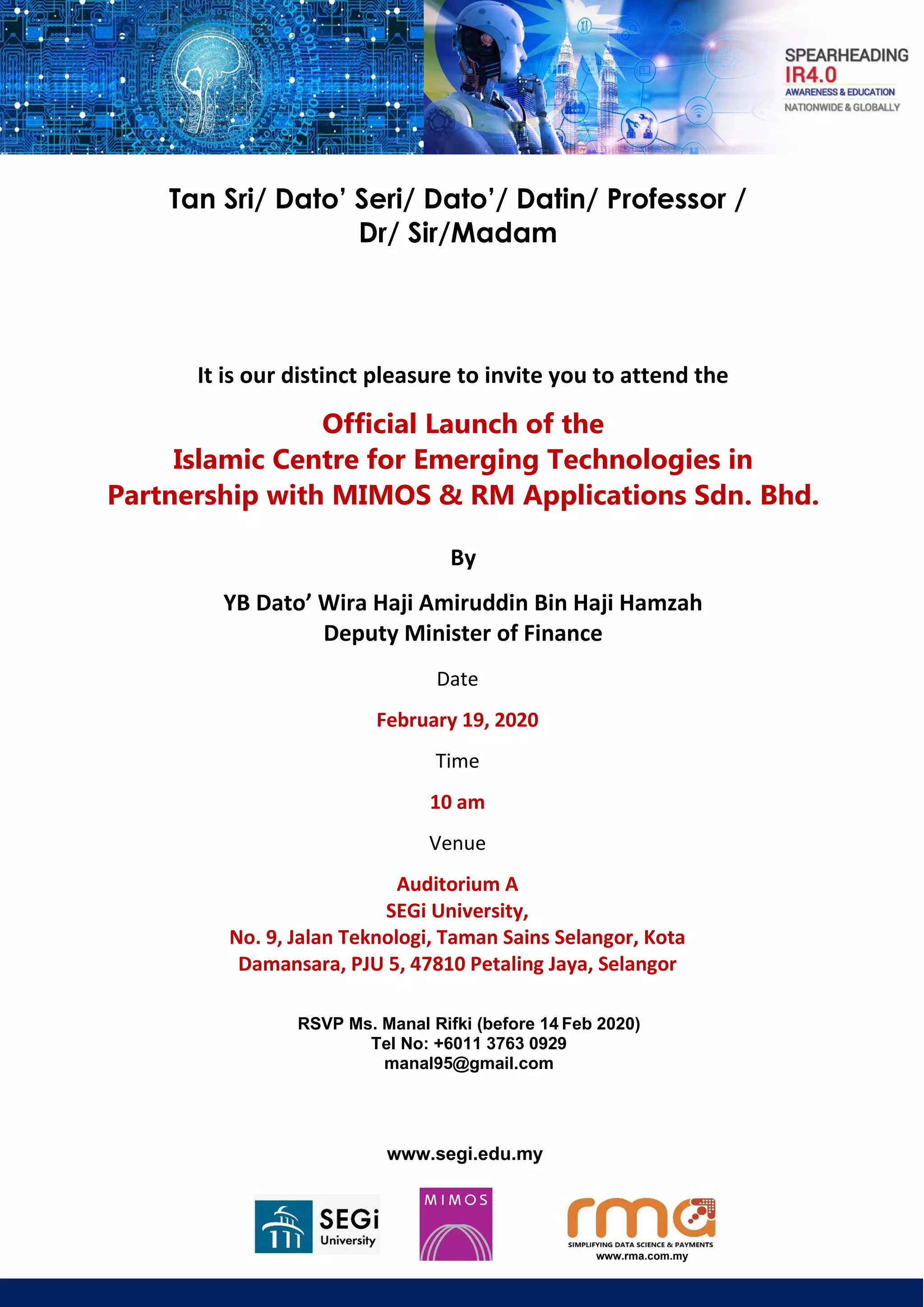 Collaboration SeGI University, MIMOS & RM Applications Sdn Bhd for ...