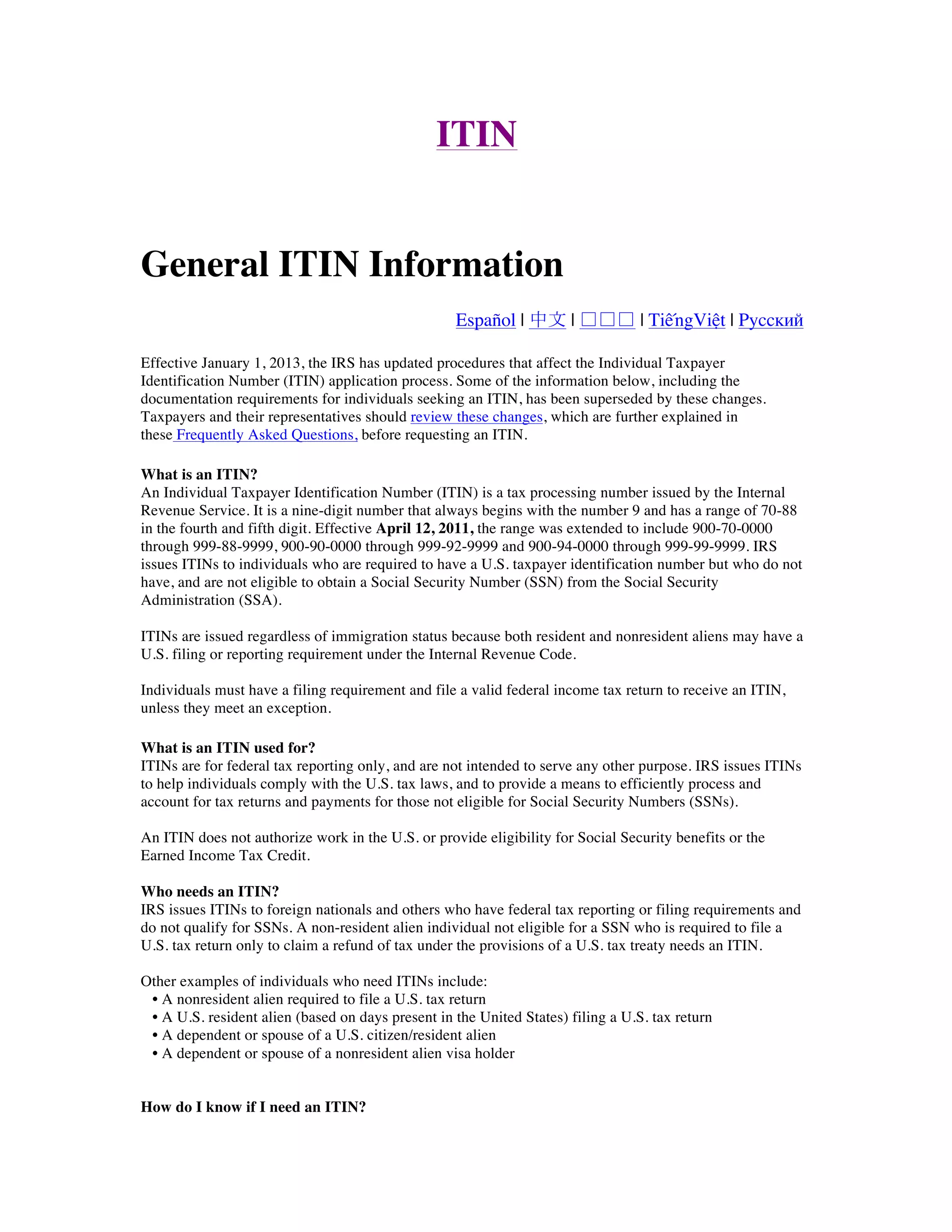 General ITIN Information | PDF
