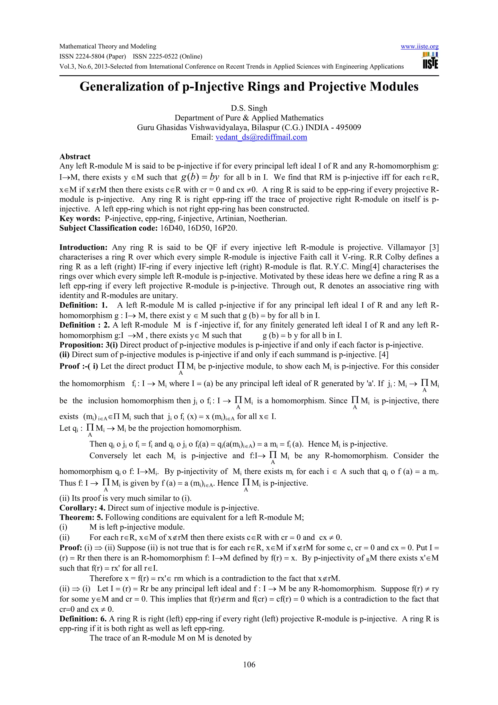 Generalization of p injective rings and projective modules | PDF