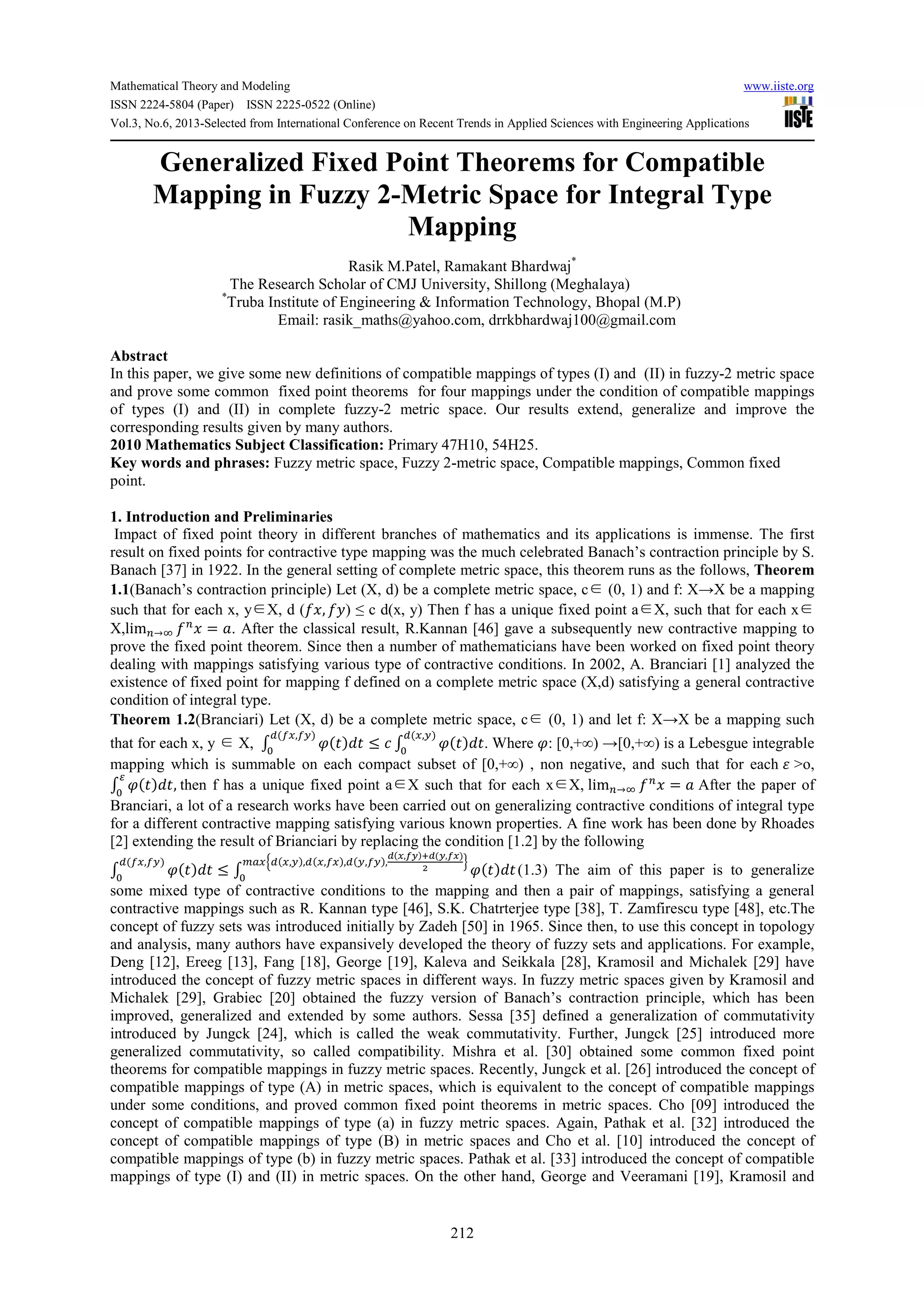 Generalized Fixed Point Theorems For Compatible Mapping In Fuzzy 2 Metric Space For Integral