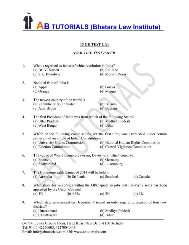 General knowledge for clat-sample test | PDF | Hinduism | Religion ...