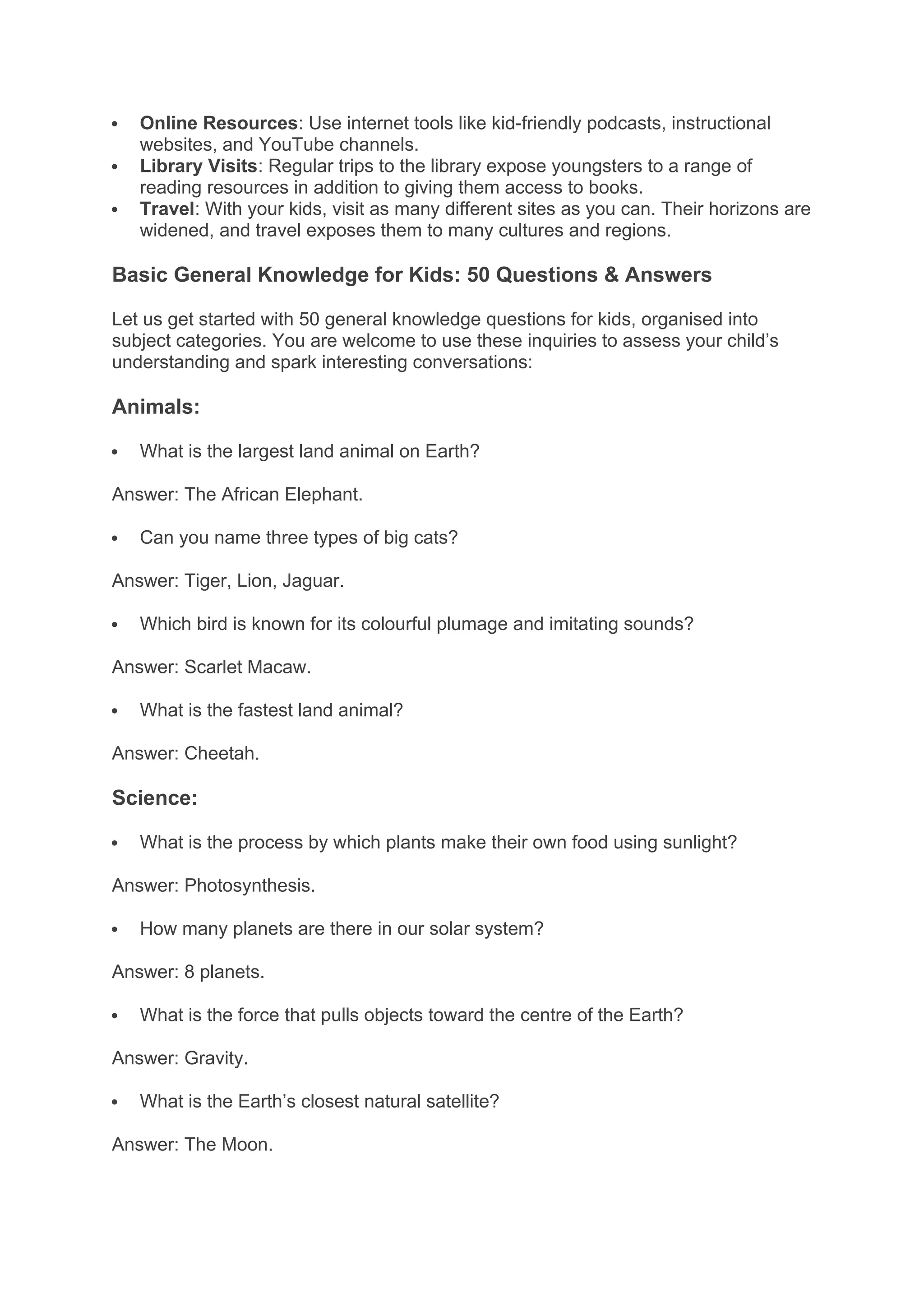 General Knowledge for Kids: 50 Questions & Answers | DOCX