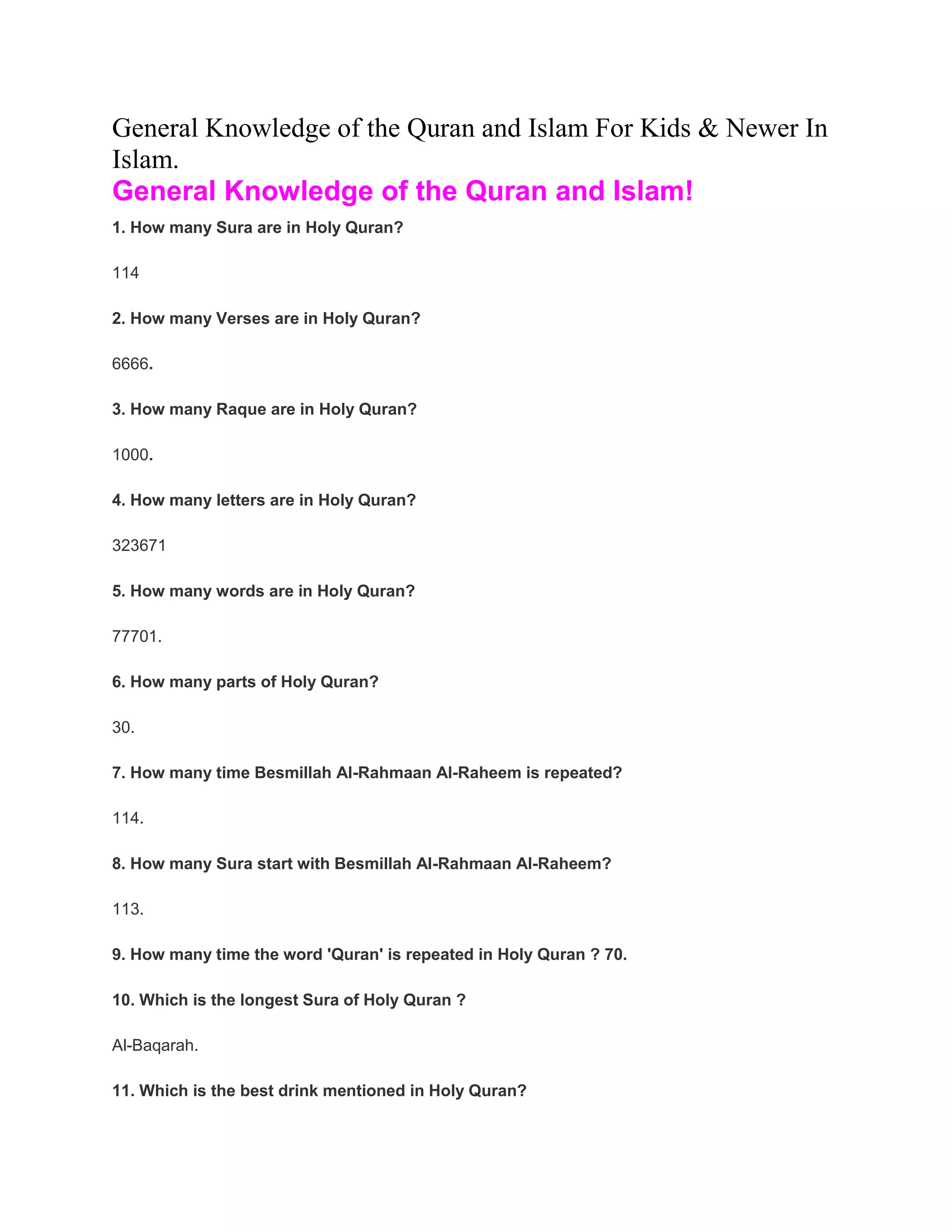 General knowledge of the Quran and Islam for kids | DOCX