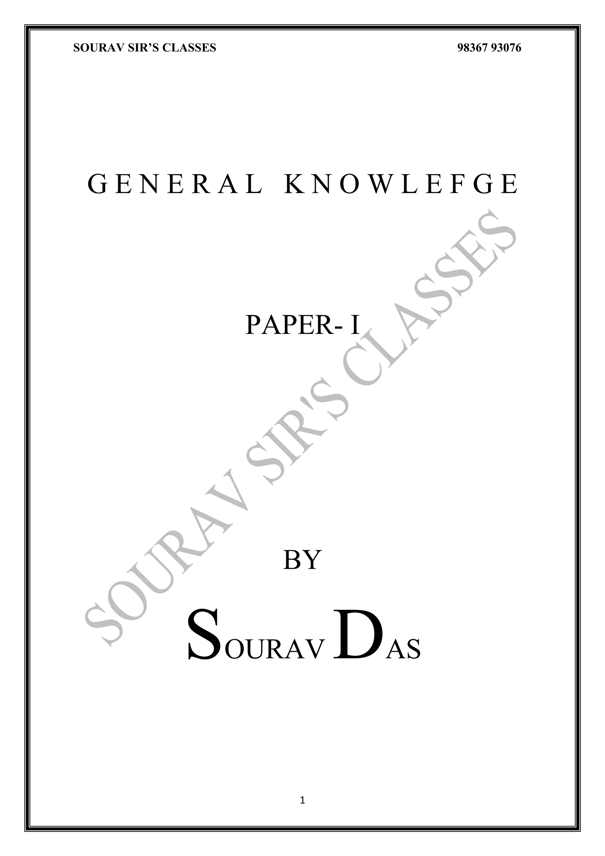 General Knowledge Paper I Questions With Solution | Sourav Sir's ...