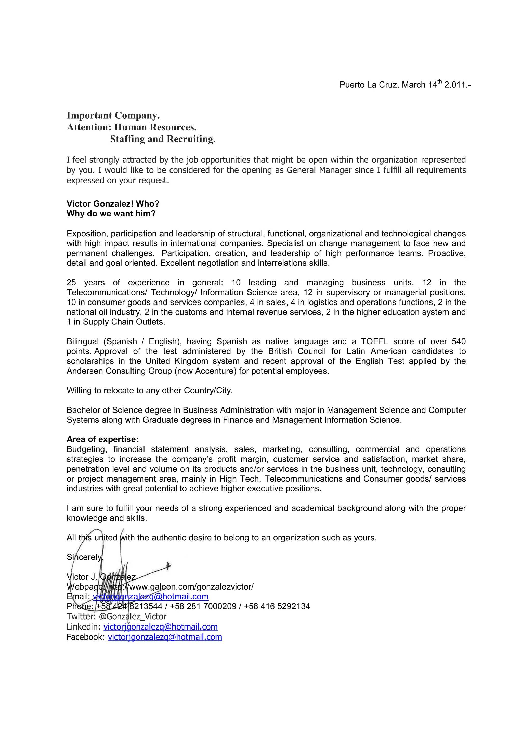 Victor Gonzalez professional presentation letter | PDF