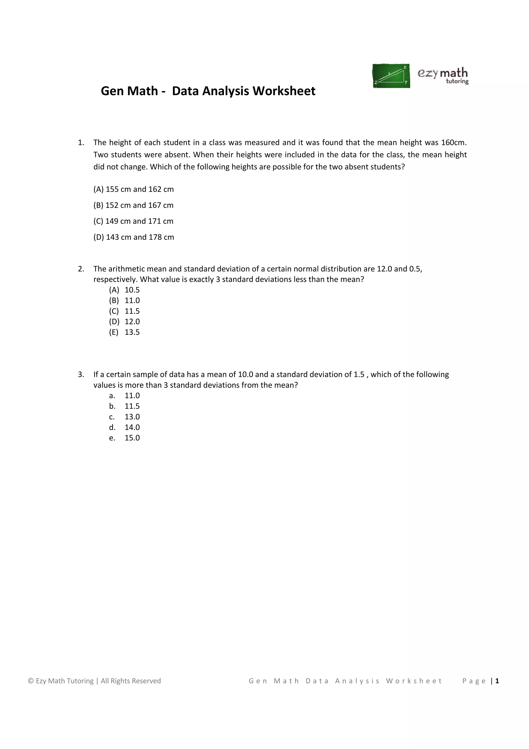 General math data analysis worksheet | PDF