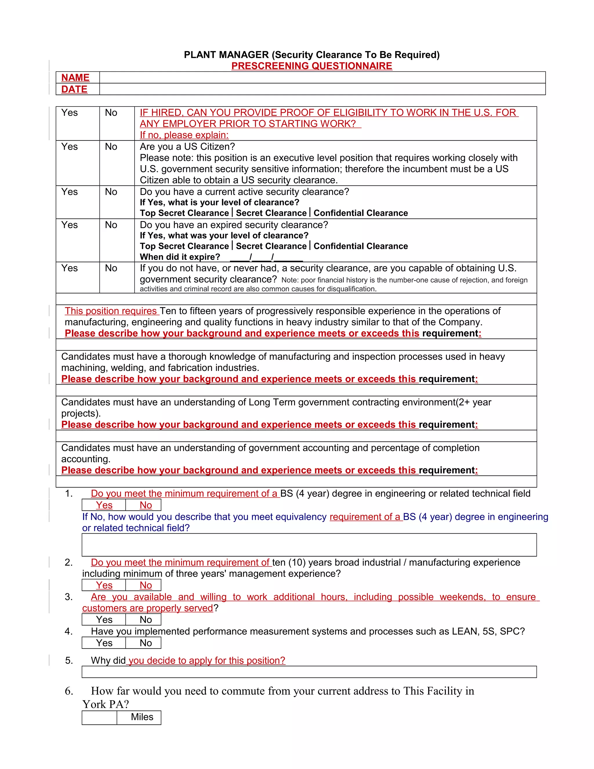 General Manager Or Plant manager prescreening questionnaire | DOC