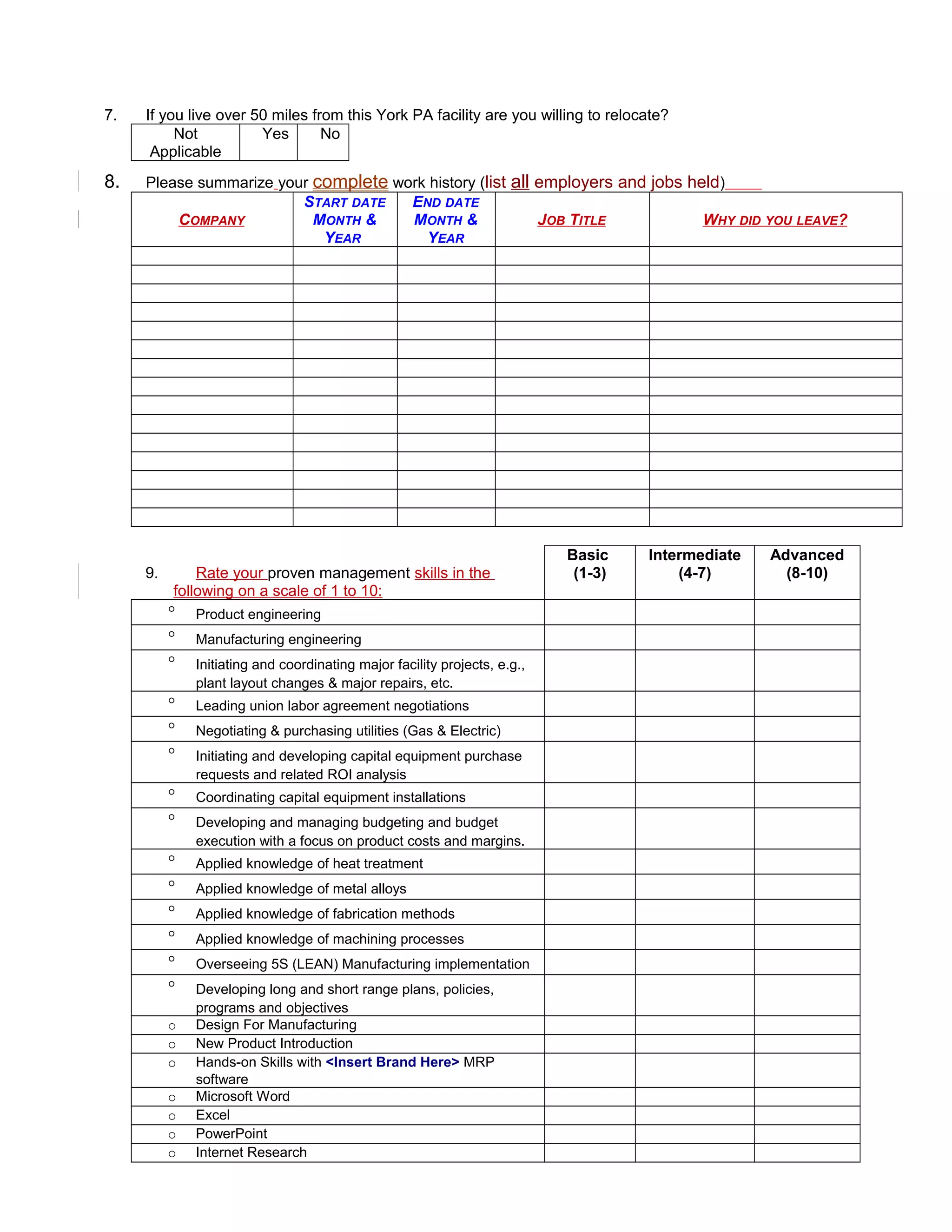 General Manager Or Plant manager prescreening questionnaire | DOC