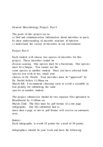 General Microbiology Project Part I The goals of this pr | PDF