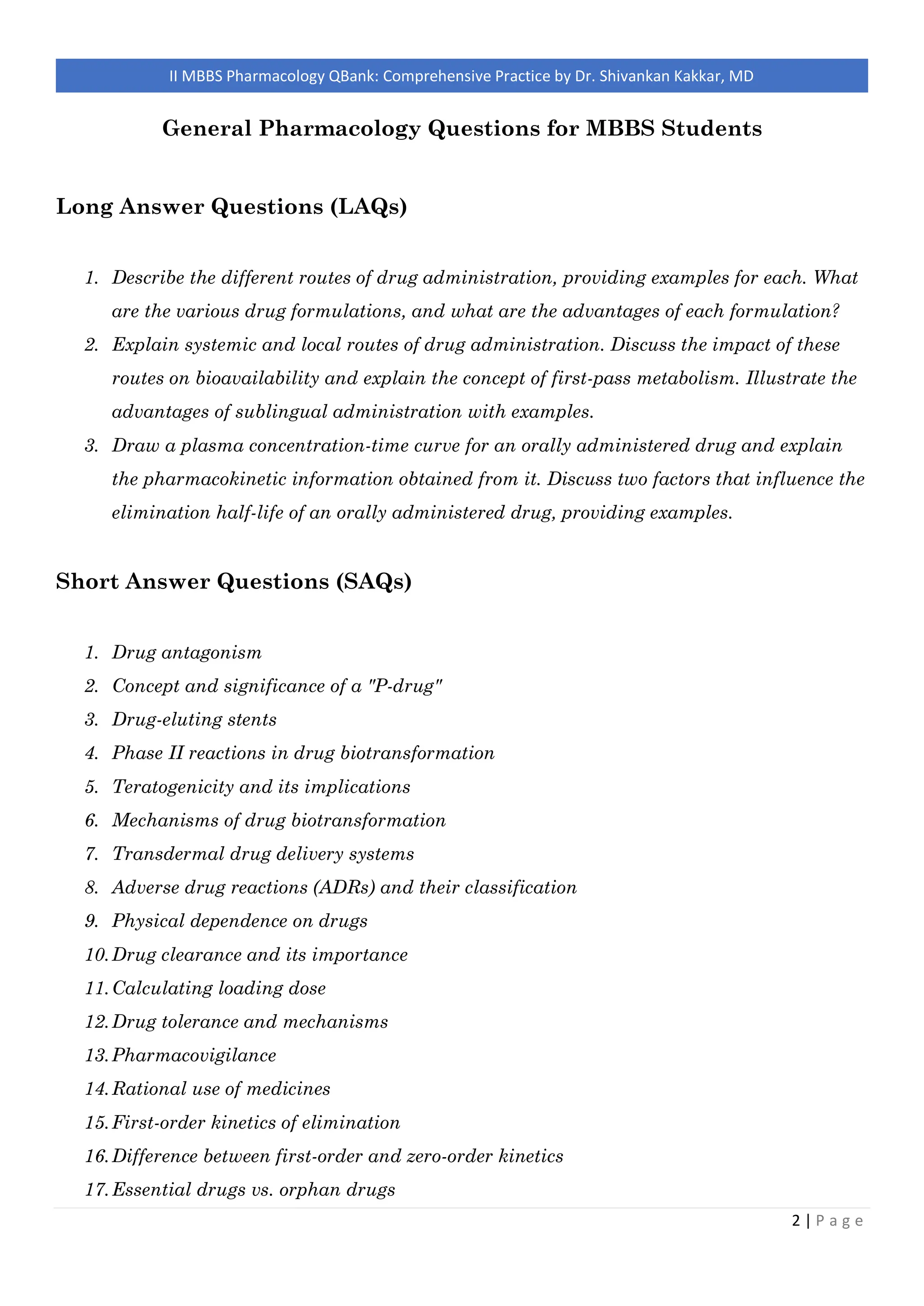 Pharmacology Question Bank for II MBBS: Essential Concepts and Practice Questions | PDF