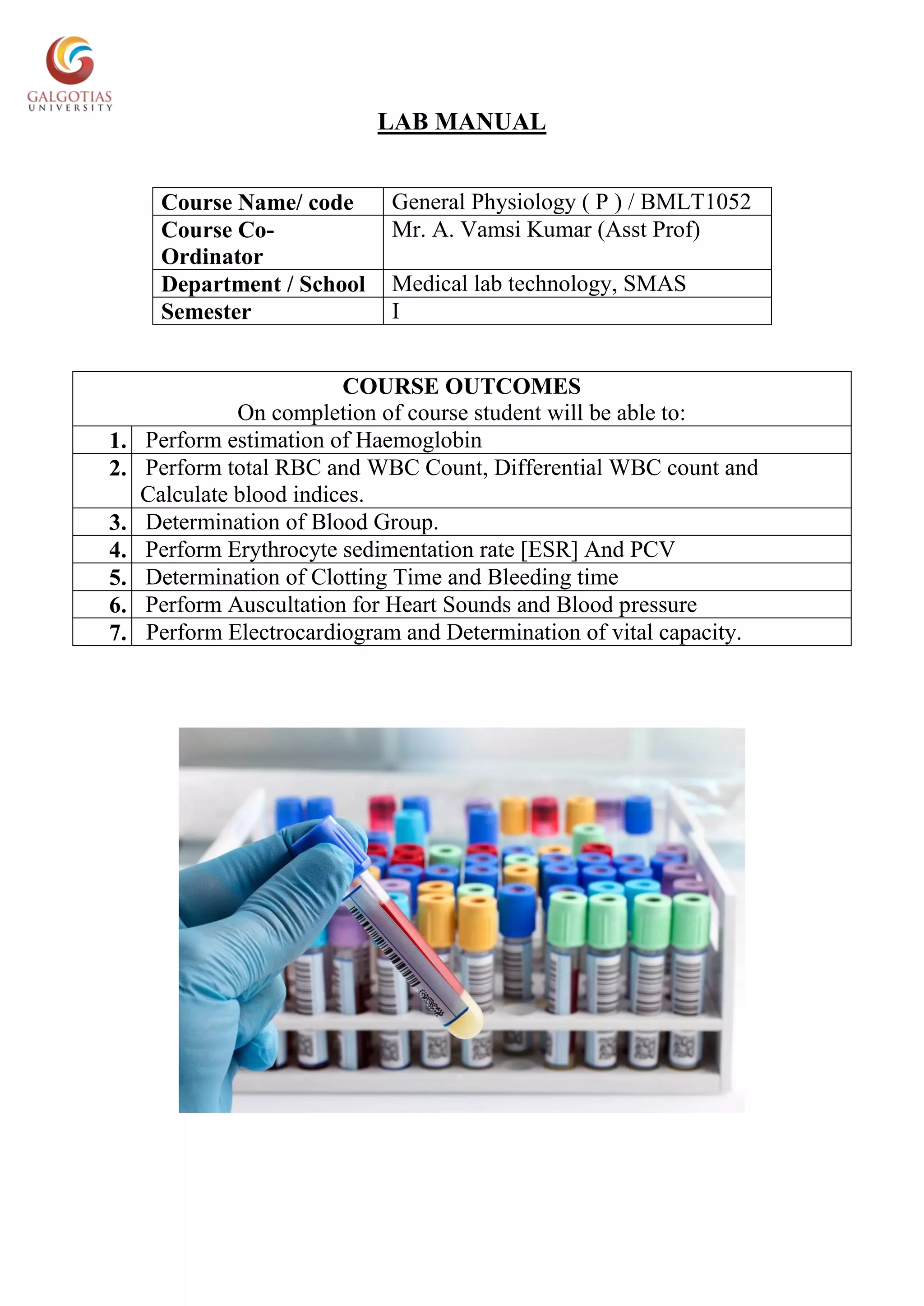 General physiology student lab manual bmlt1052 | PDF