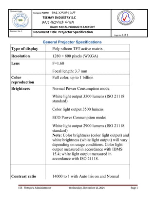 General Projector Technical Specifications | DOCX