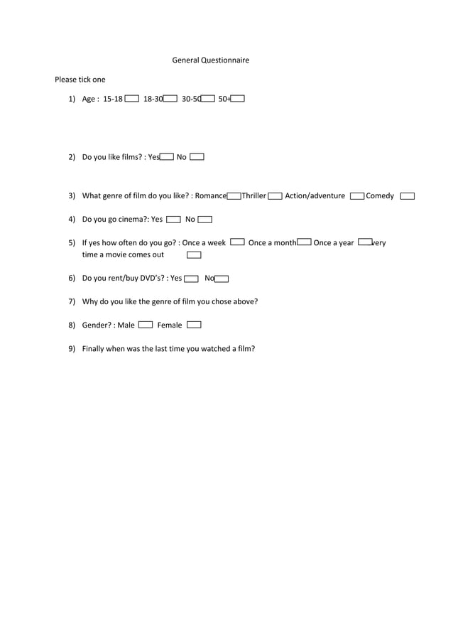 General Questionnaire | DOCX | Movies | Entertainment