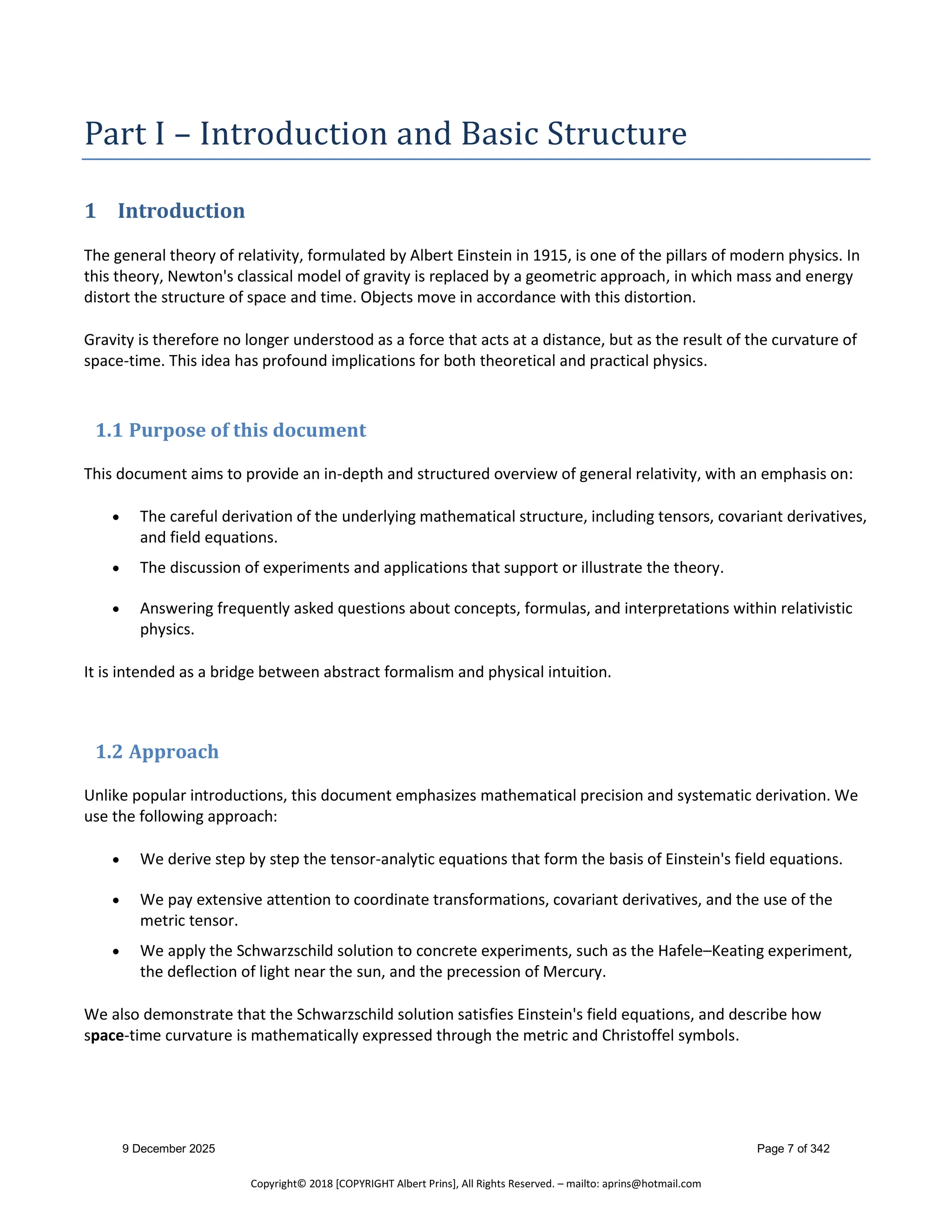 EINSTEIN'S GENERAL THEORY OF RELATIVITY A Tensor-Analytical Approach with Experimental ...