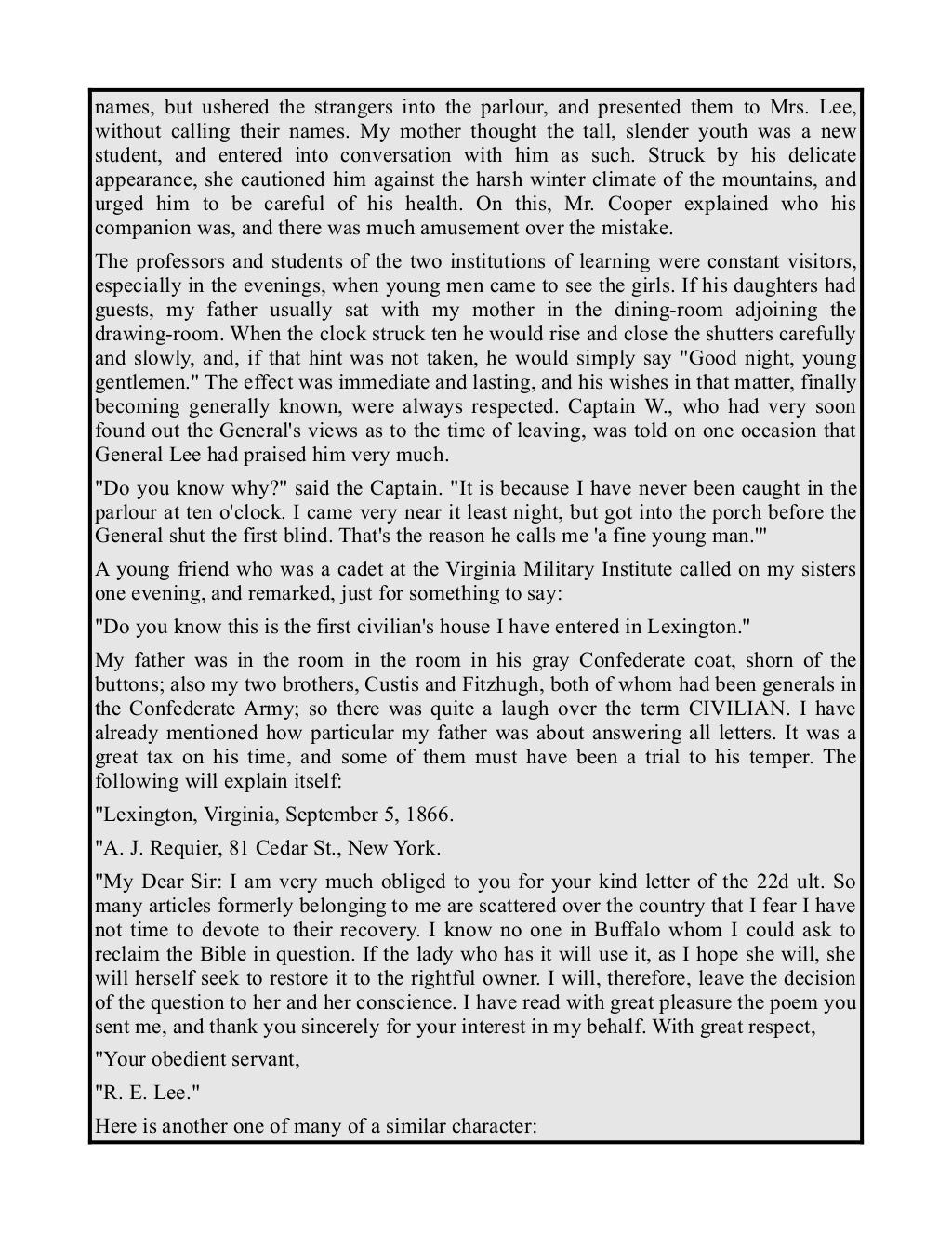 General Robert E Lee, Recollections and Letters