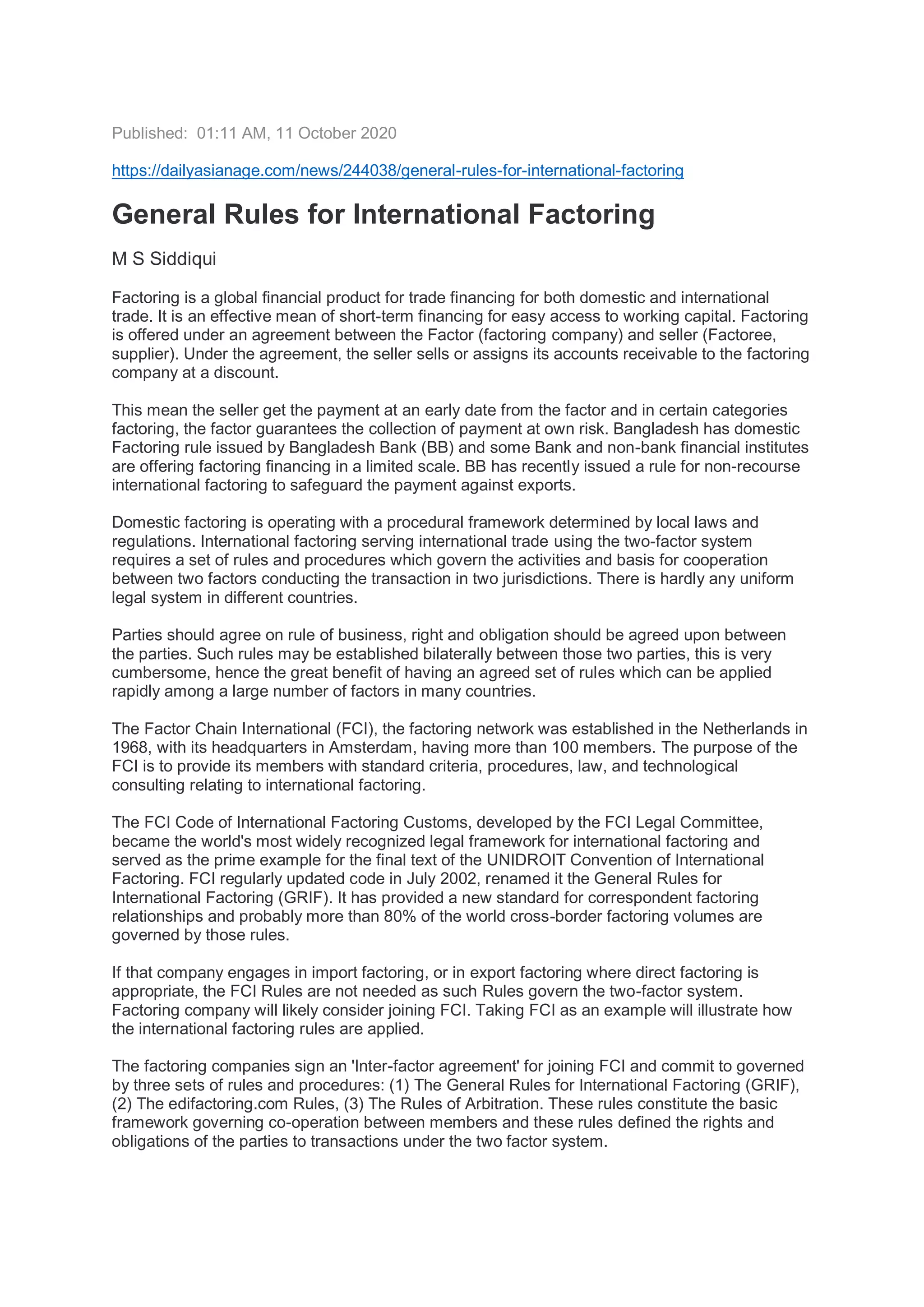 General rules for international factoring | PDF