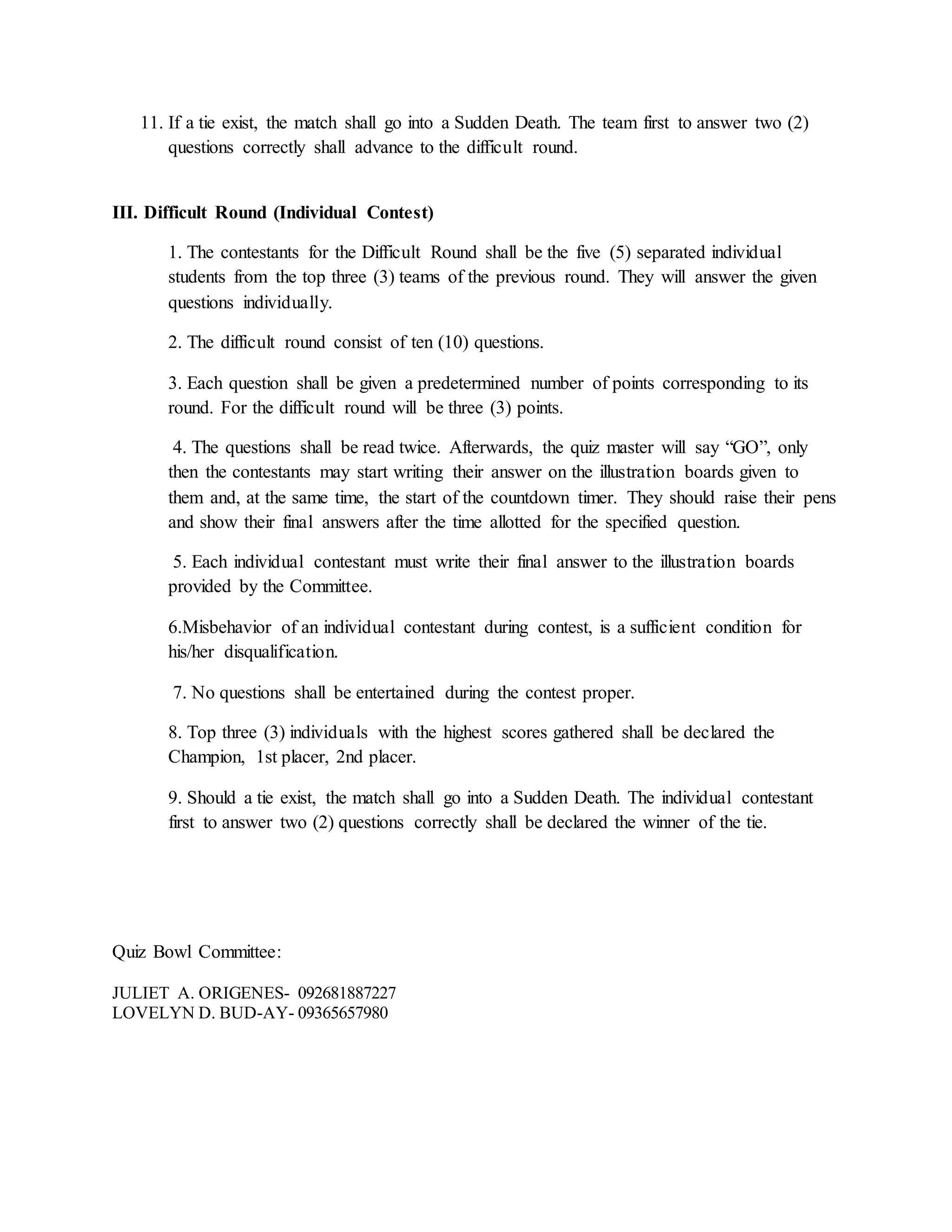 QUIZ BEE GENERAL RULES | DOCX