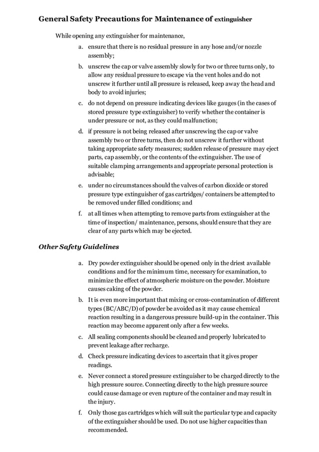 General safety precautions for maintenance of extinguisher | DOCX ...