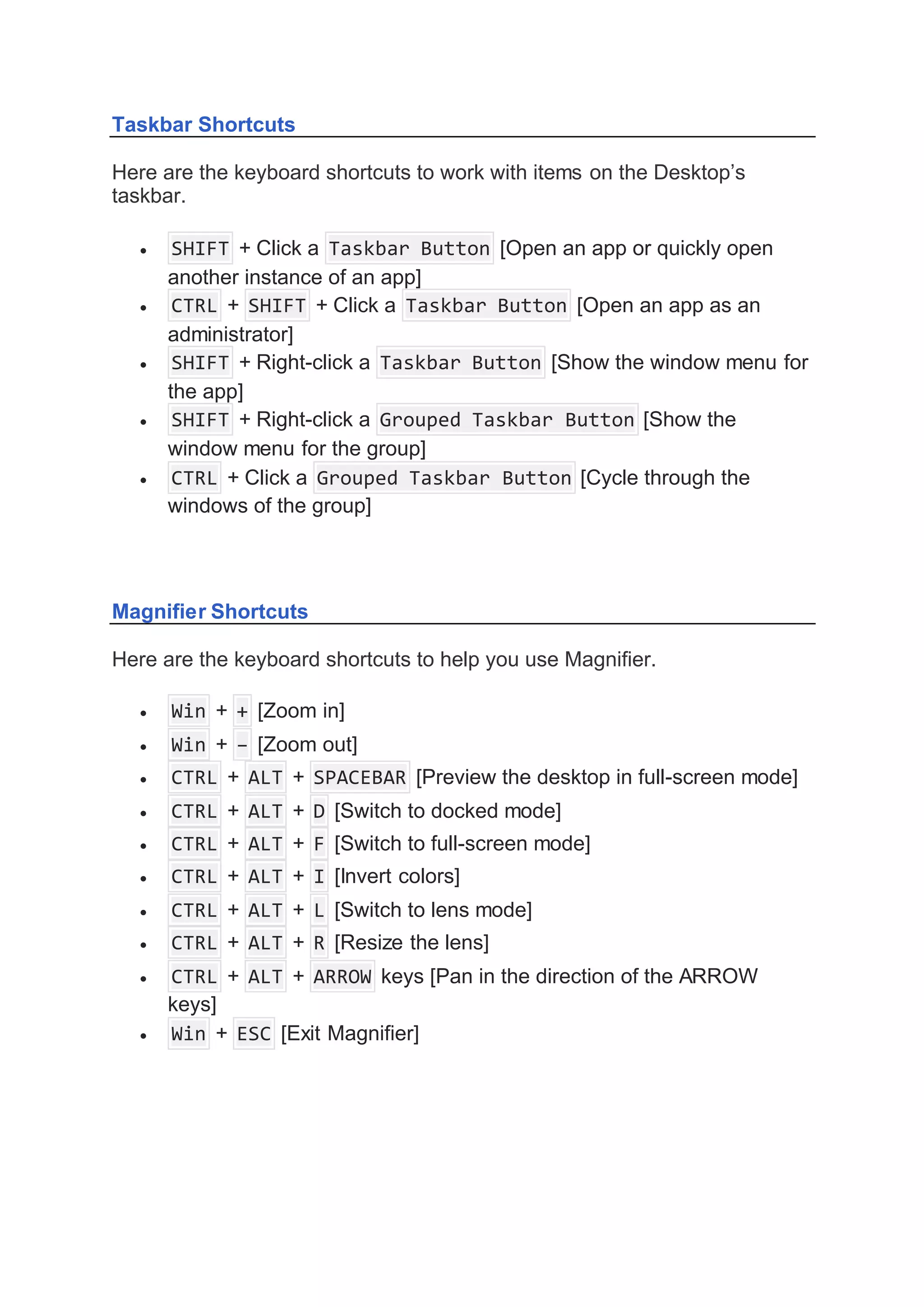 General window shortcuts | PDF