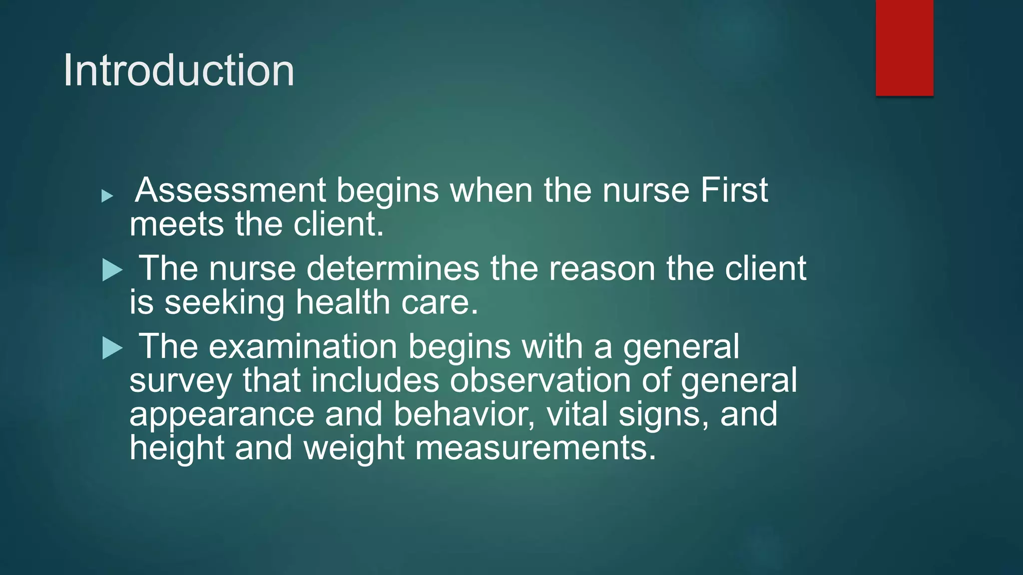 General survey for health assessment fundamental of nursing | PPTX