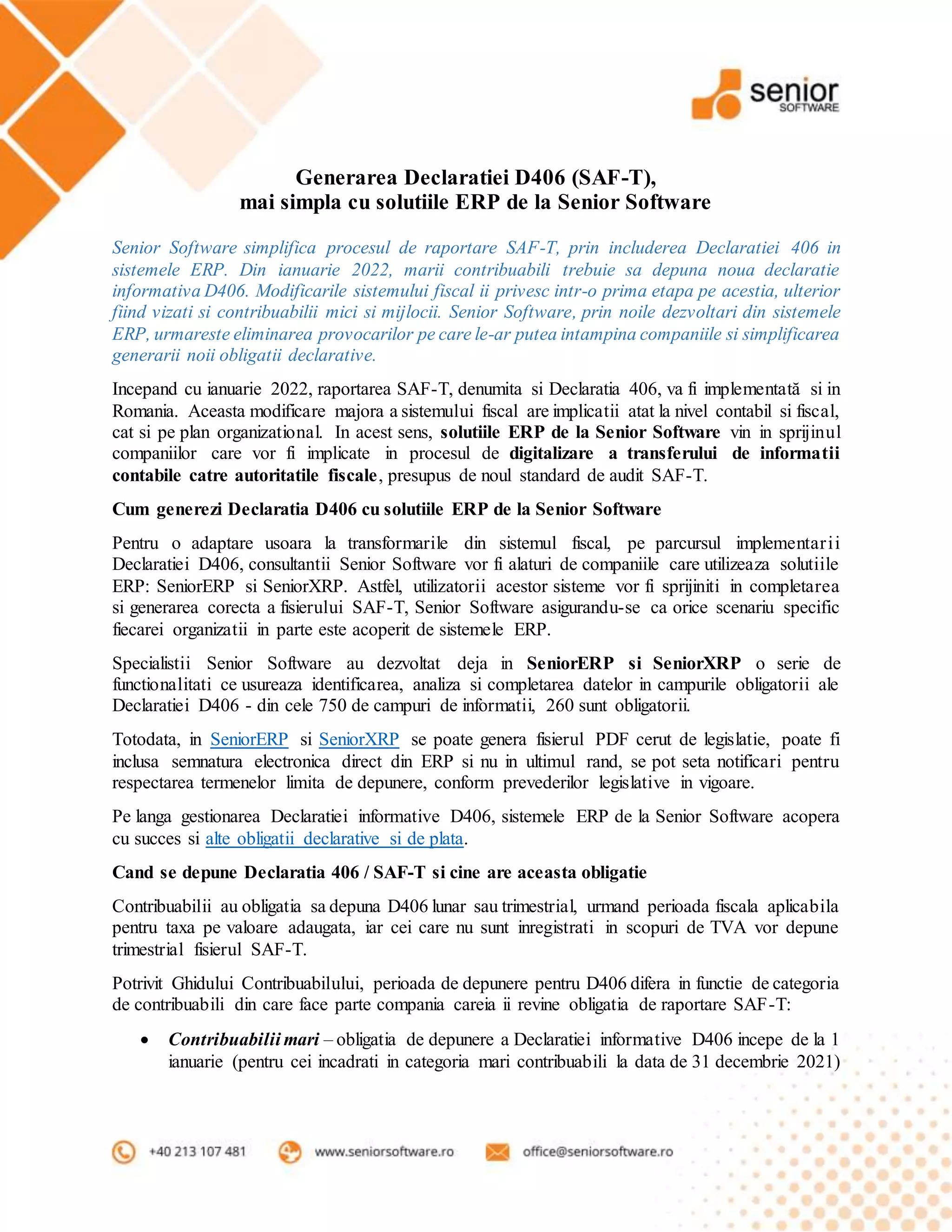 Generarea Declaratiei D406 (SAF-T), mai simpla cu solutiile ERP de la Senior Software | DOCX